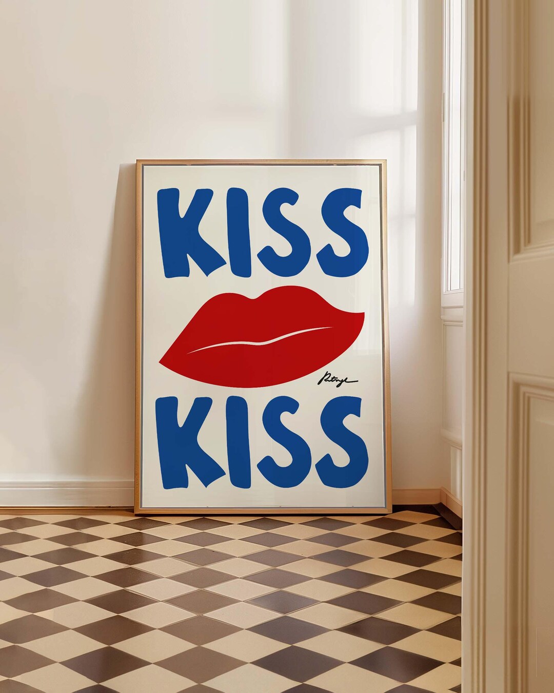 Kiss Print, Bisou Poster, Lipstick Wall Art, Retro Bold Font Print, Mid ...