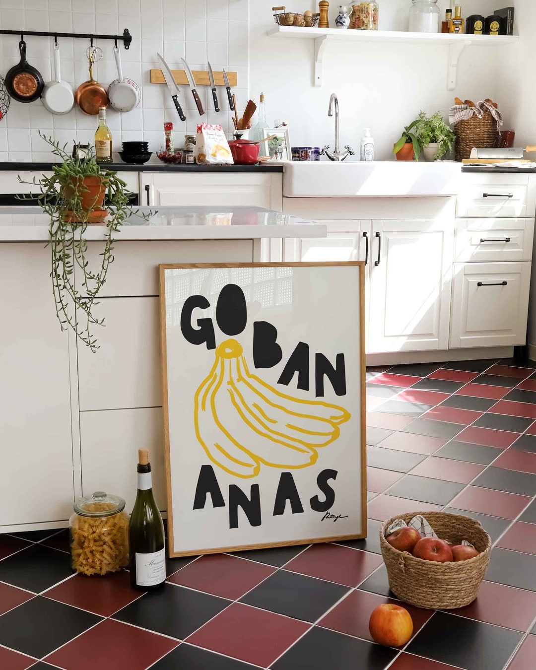 Go Bananas, Vintage Food Poster, Hand Drawn Fruit Wall Art, Fun Quote ...