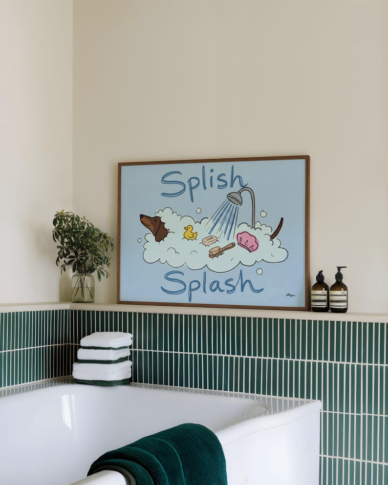 Splish Splash Print, Retro Bathroom Wall Art, Funny Dog Illustration ...
