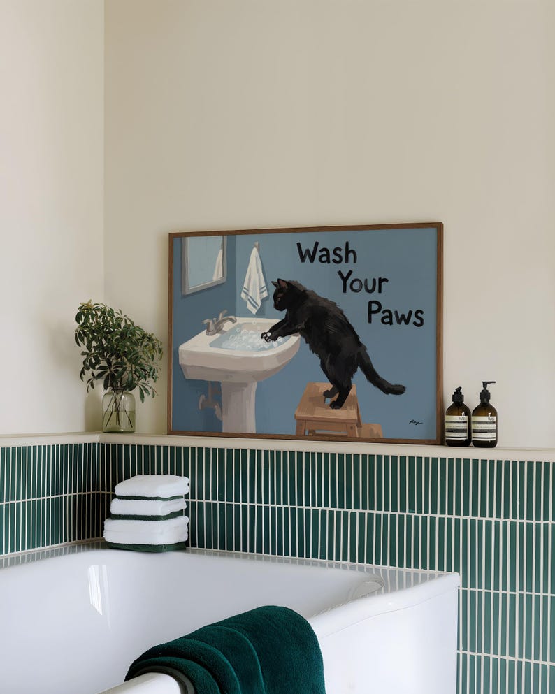 Wash Your Paws Print Horizontal, Mid Century Bathroom Wall Art, Funny ...