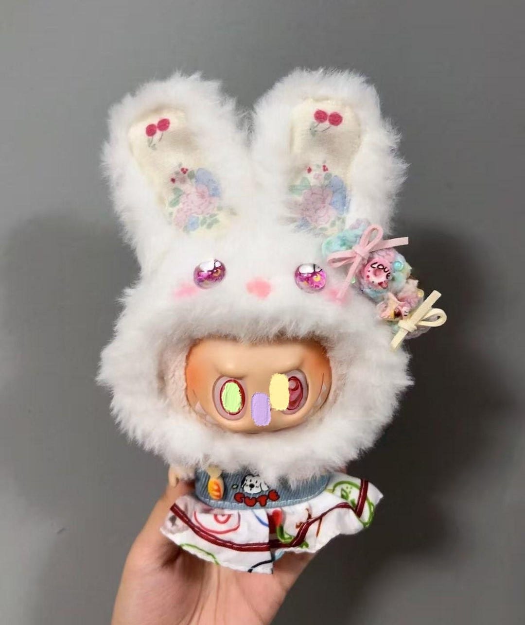 Handmade Bunny Hood for 17cm Labubu Doll – Fluffy White Rabbit Ears ...