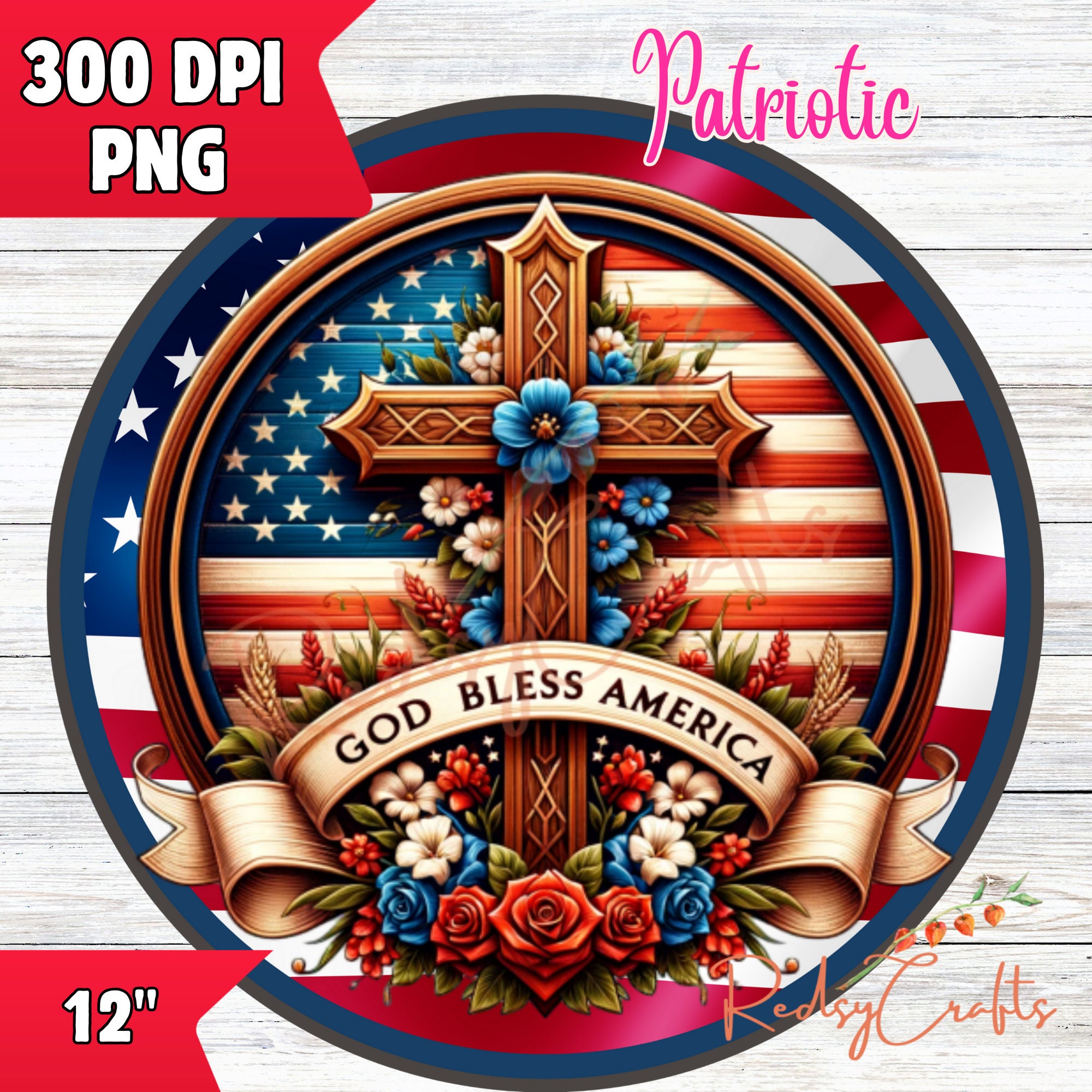 God Bless America Cross Wreath PNG Patriotic Front Door Sign for 4th of ...