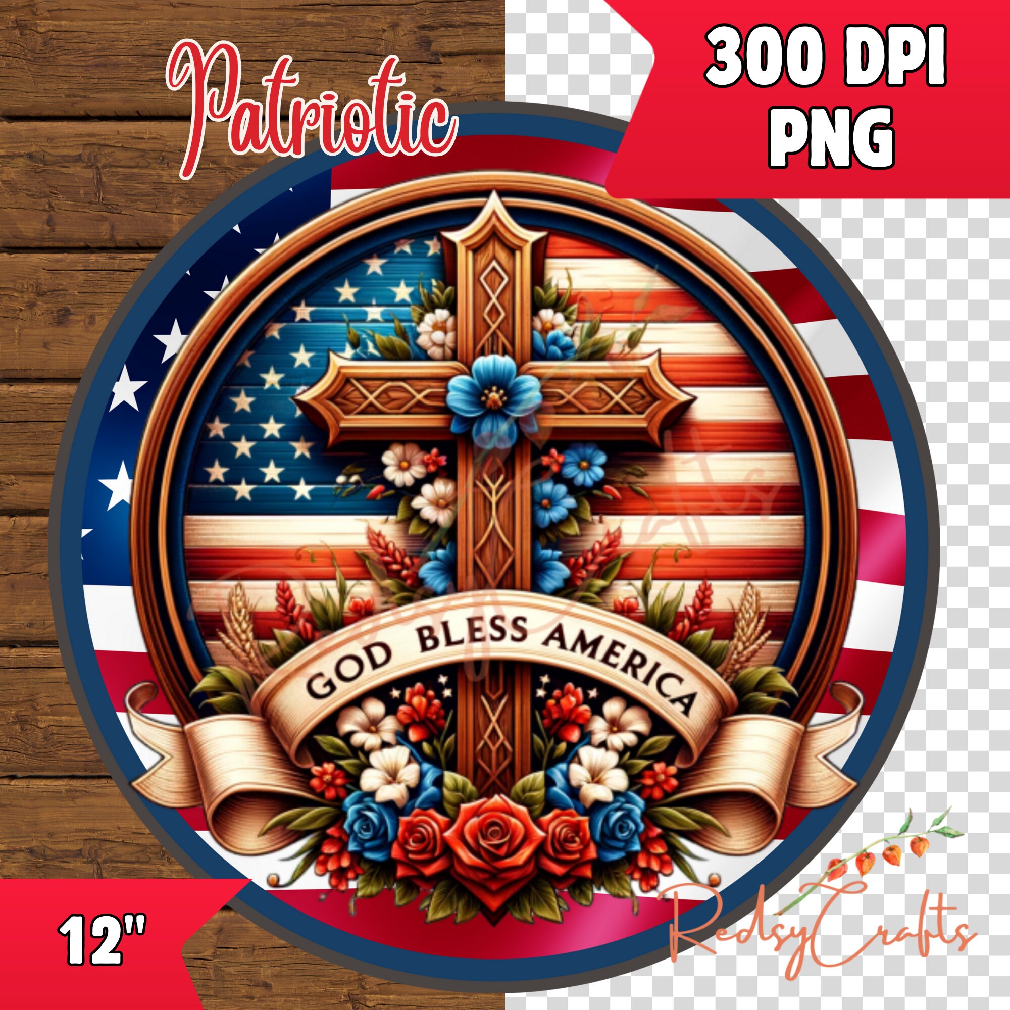 God Bless America Cross Wreath PNG Patriotic Front Door Sign for 4th of ...