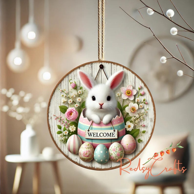 Welcome Easter Bunny Round Door Sign PNG, Pastel Floral Eggs, Farmhouse ...