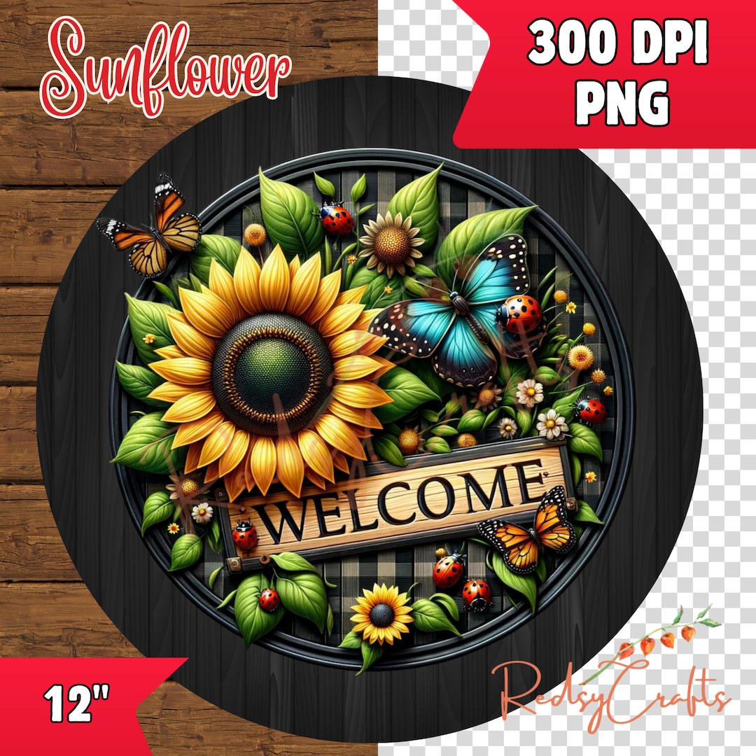 Wreath Signs, Welcome Sunflower Design, Butterfly & Ladybug, Front Door ...