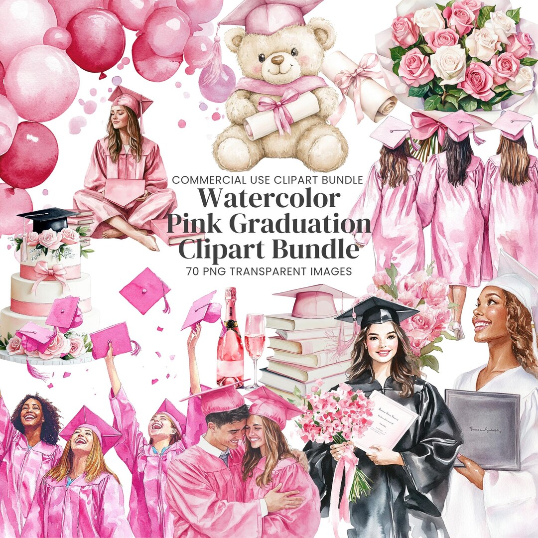 Pink Graduation Clipart,girly Grad Clipart,watercolor Graduation Cap ...