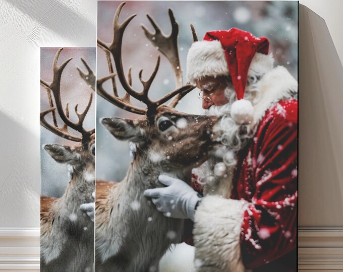 Santa Claus With Reindeer Canvas Art, Christmas Wall Decor, Painting ...