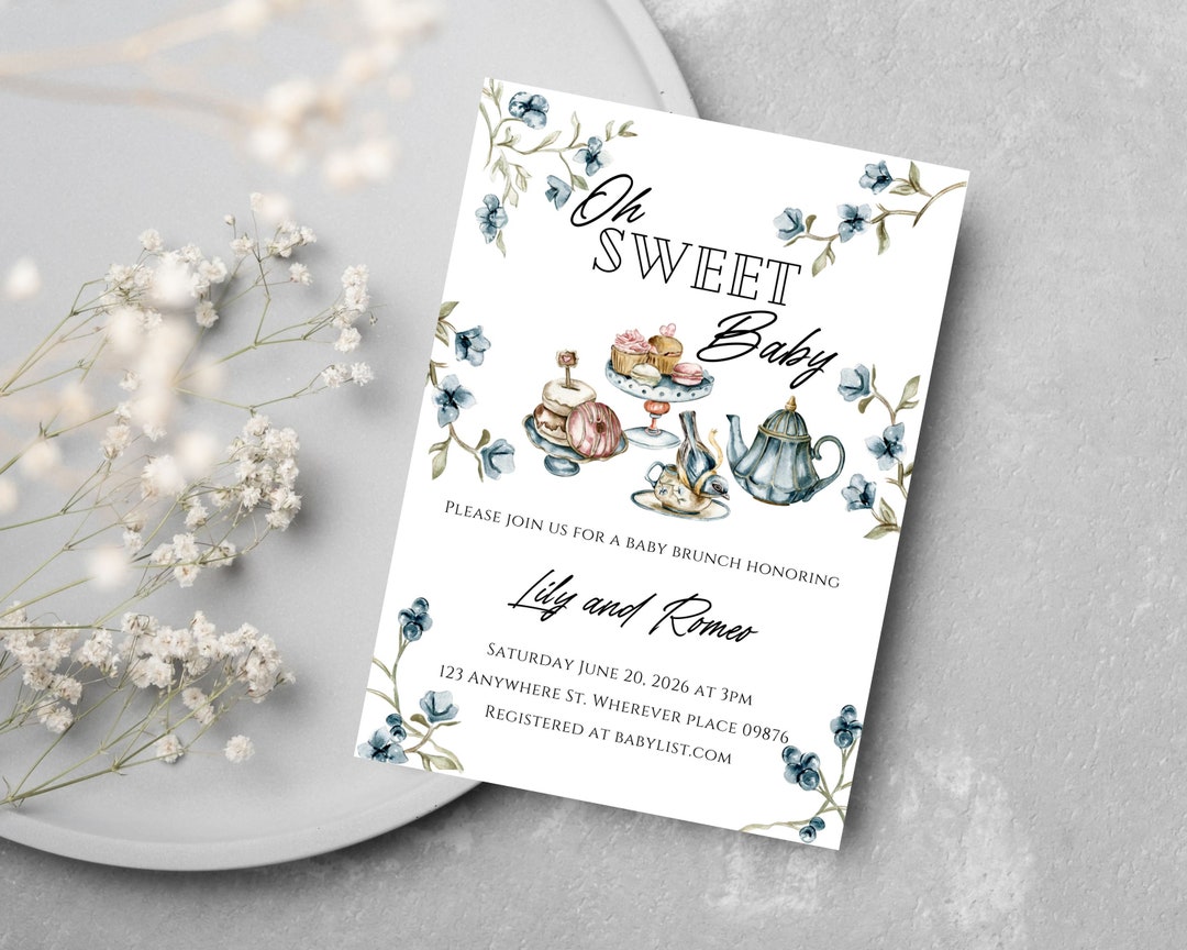Oh Sweet Baby Editable Invitation Template, Blue Floral Tea Party Baby ...