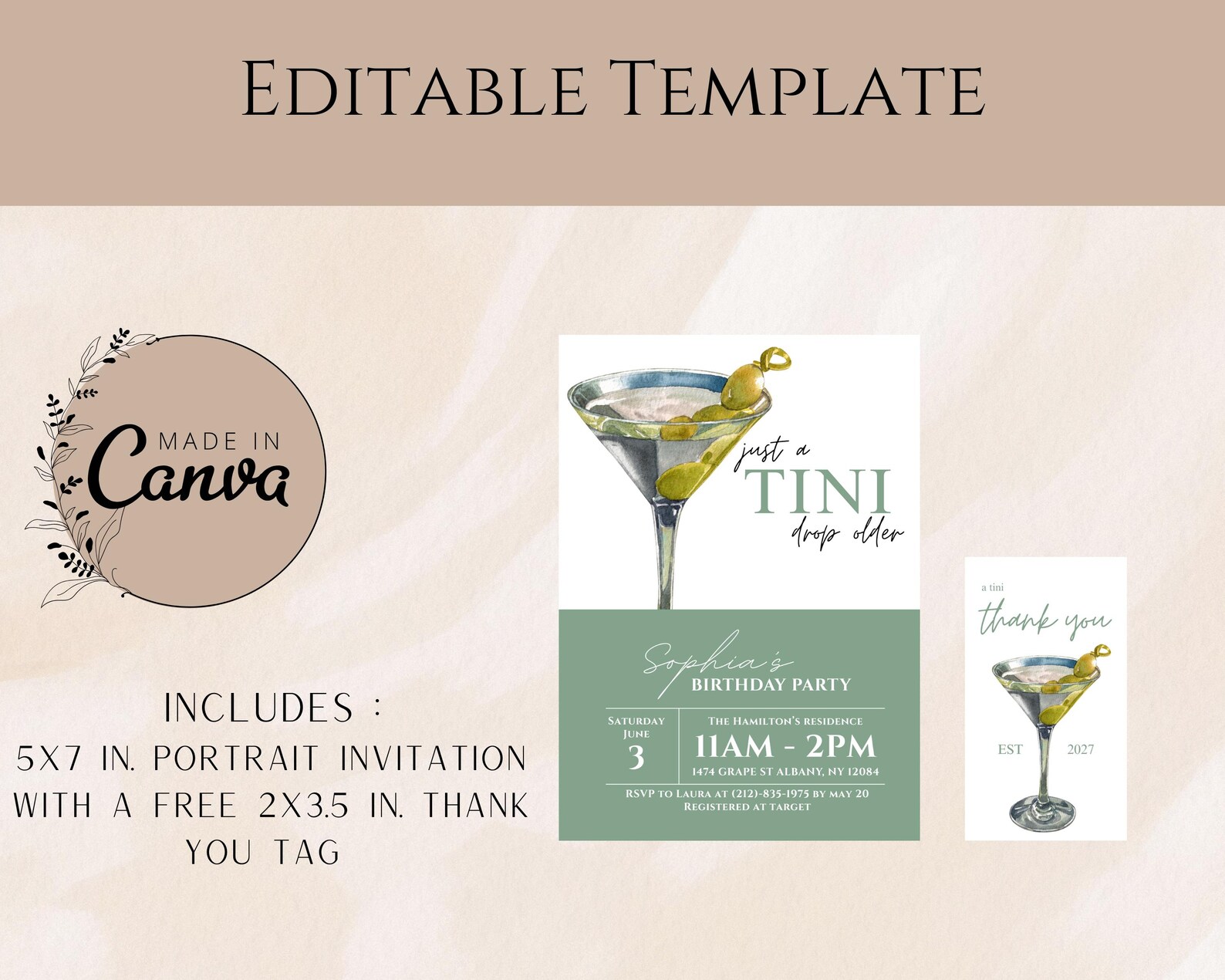 Martini Birthday Invitation, Tini Drop Older, Editable Template ...