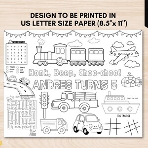 Editable Vehicle Party Coloring Placemat Printable Transportation Party ...