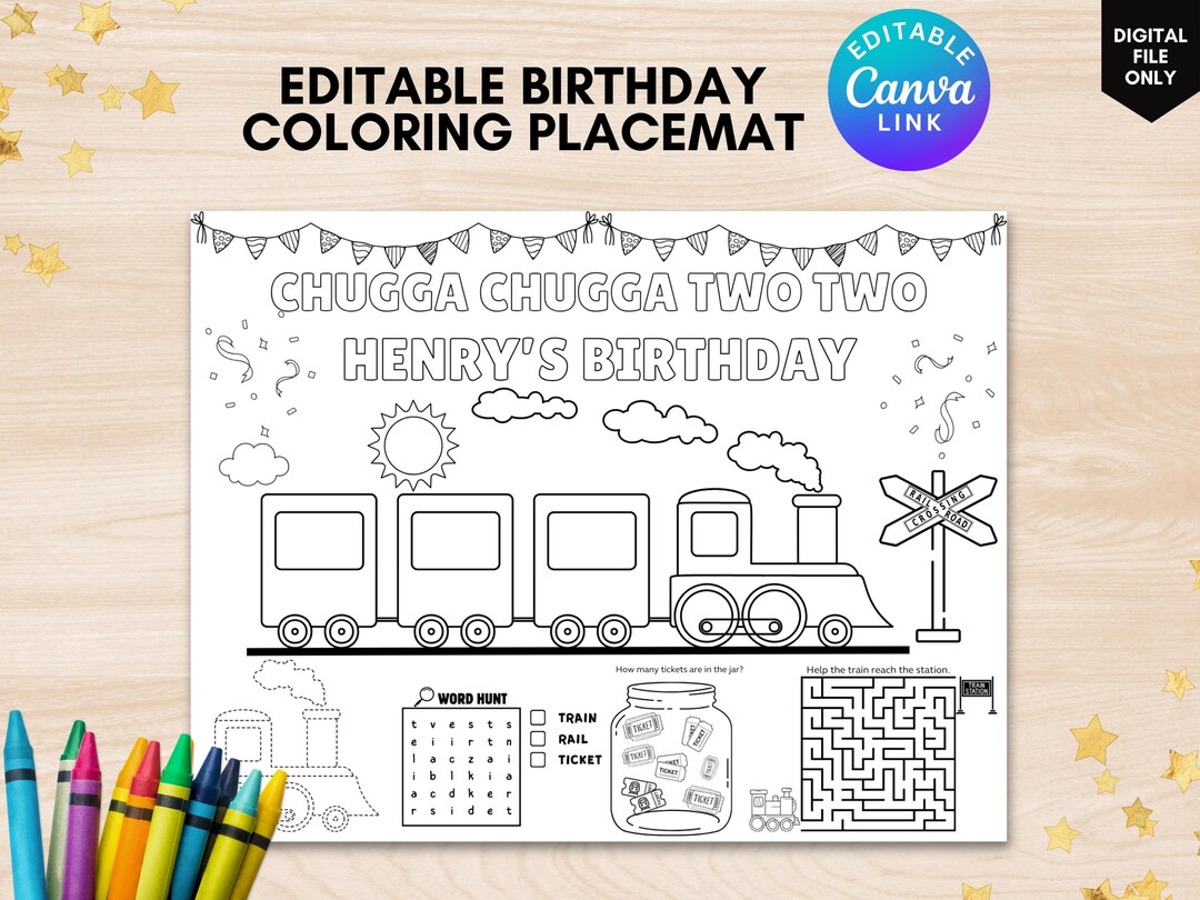Editable Train Birthday Coloring Placemat Personalized Chugga Chugga ...