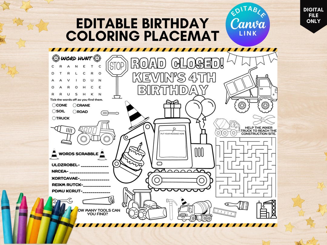 Custom Construction Birthday Coloring Page Printable Excavator Party ...