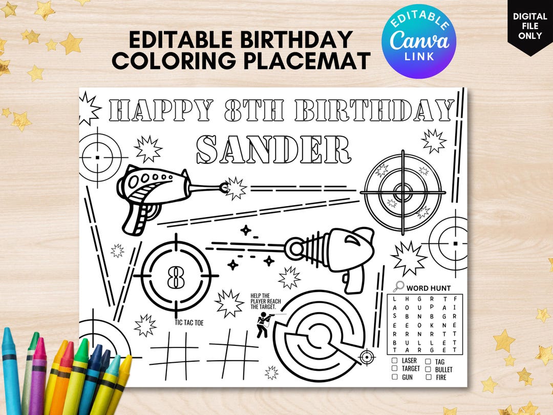 Editable Laser Tag Birthday Colorable Placemat Laser Party Coloring ...