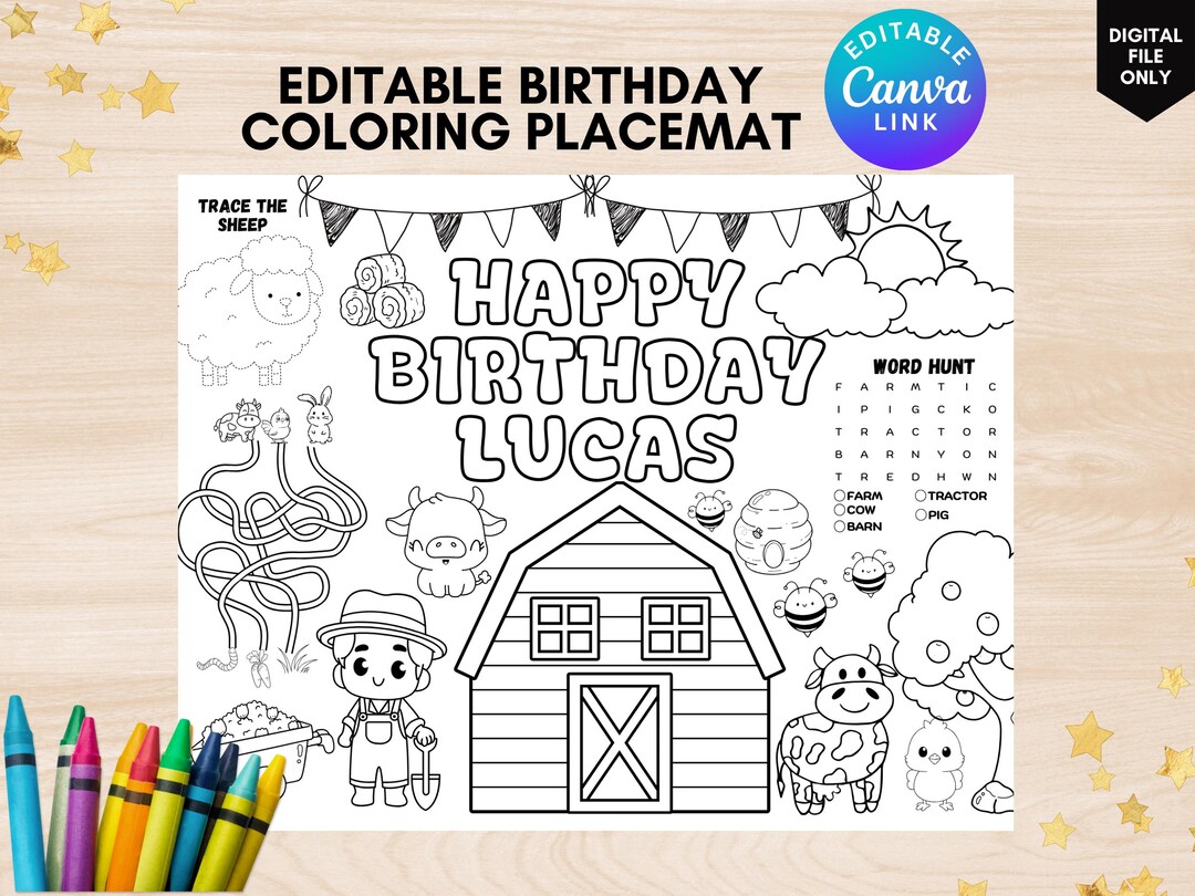 Farm Birthday Coloring Activity Page Editable Farm Coloring Placemat ...