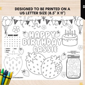 Strawberry Birthday Coloring Activity Page Editable Berry First ...