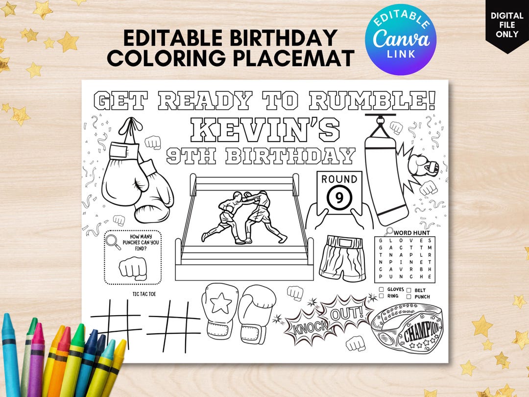 Editable Boxing Colorable Placemat Boxing Coloring Page Personalized ...