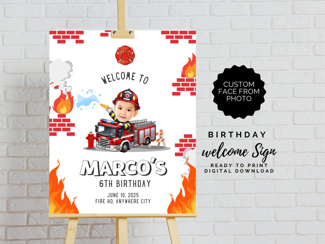 Firetruck Birthday Party Welcome Sign Custom Firefighter Party Poster ...