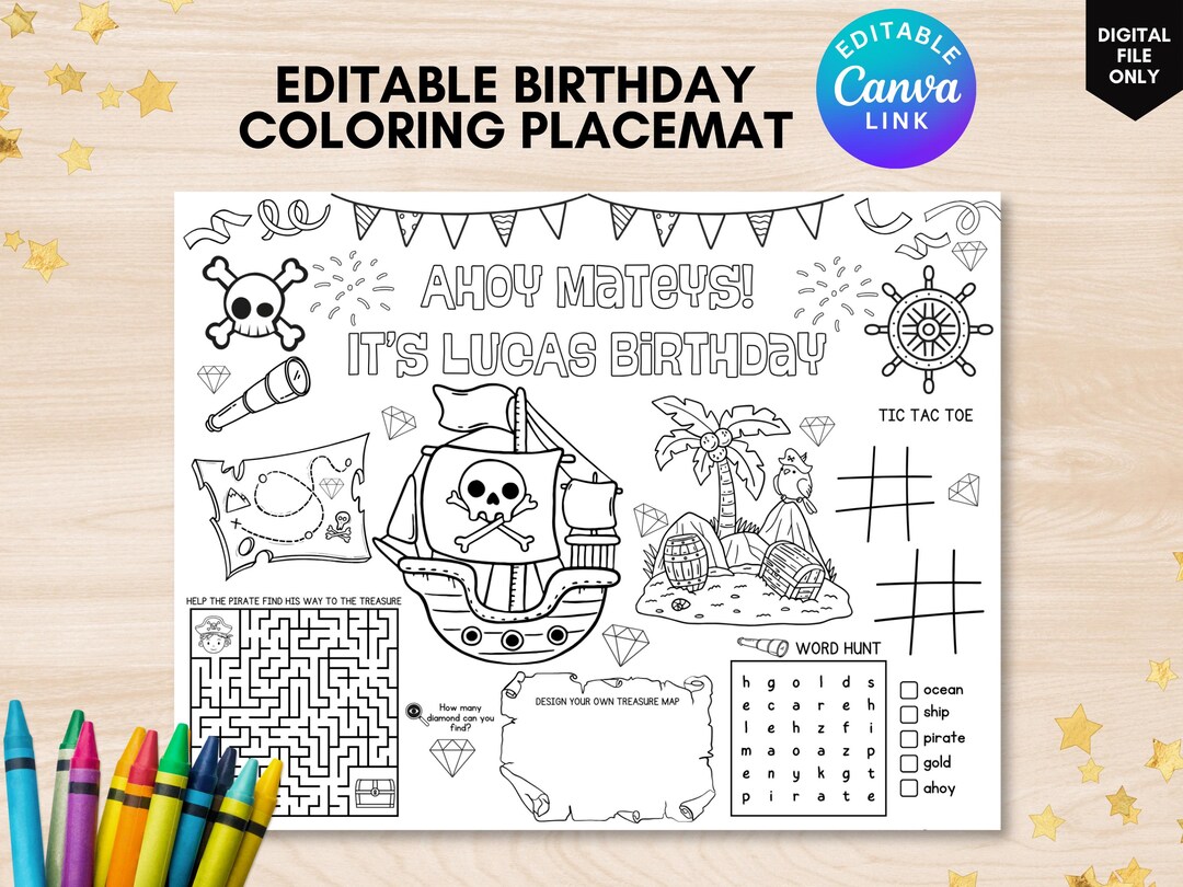 Editable Pirate Birthday Coloring Placemat Printable Pirate Party ...
