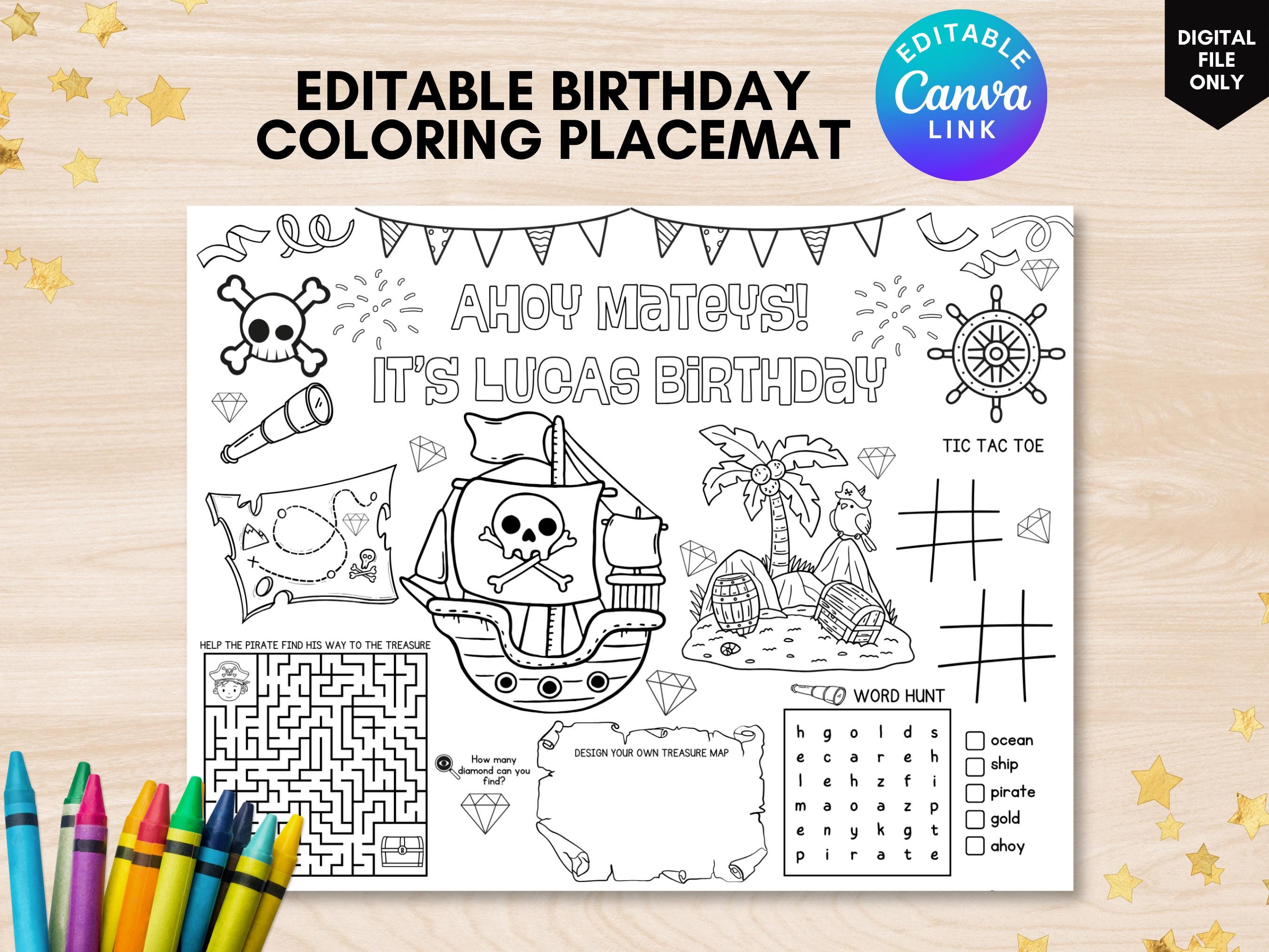 Editable Pirate Birthday Coloring Placemat Printable Pirate Party ...