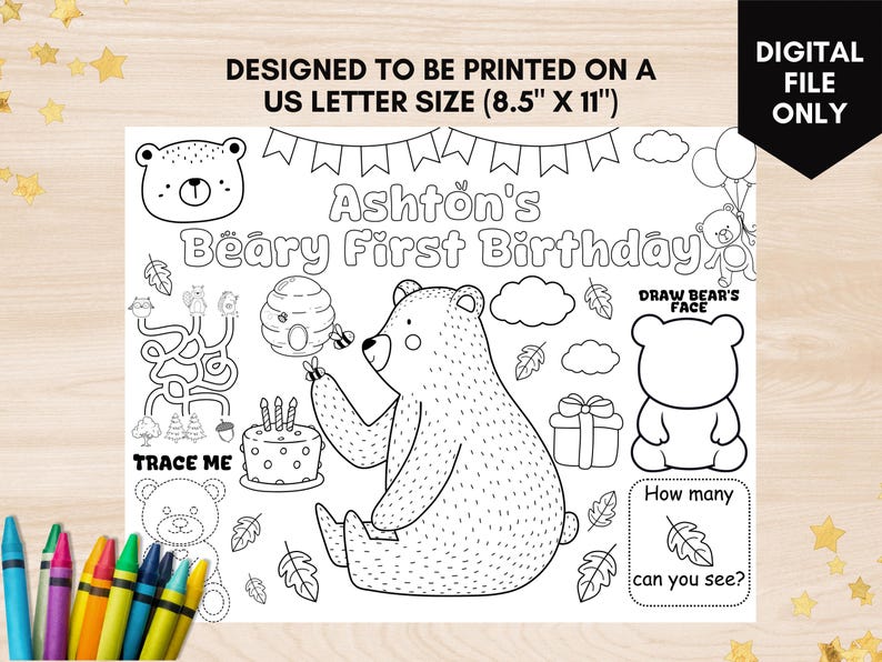 Editable Bear Birthday Coloring Page Printable Beary First Party ...