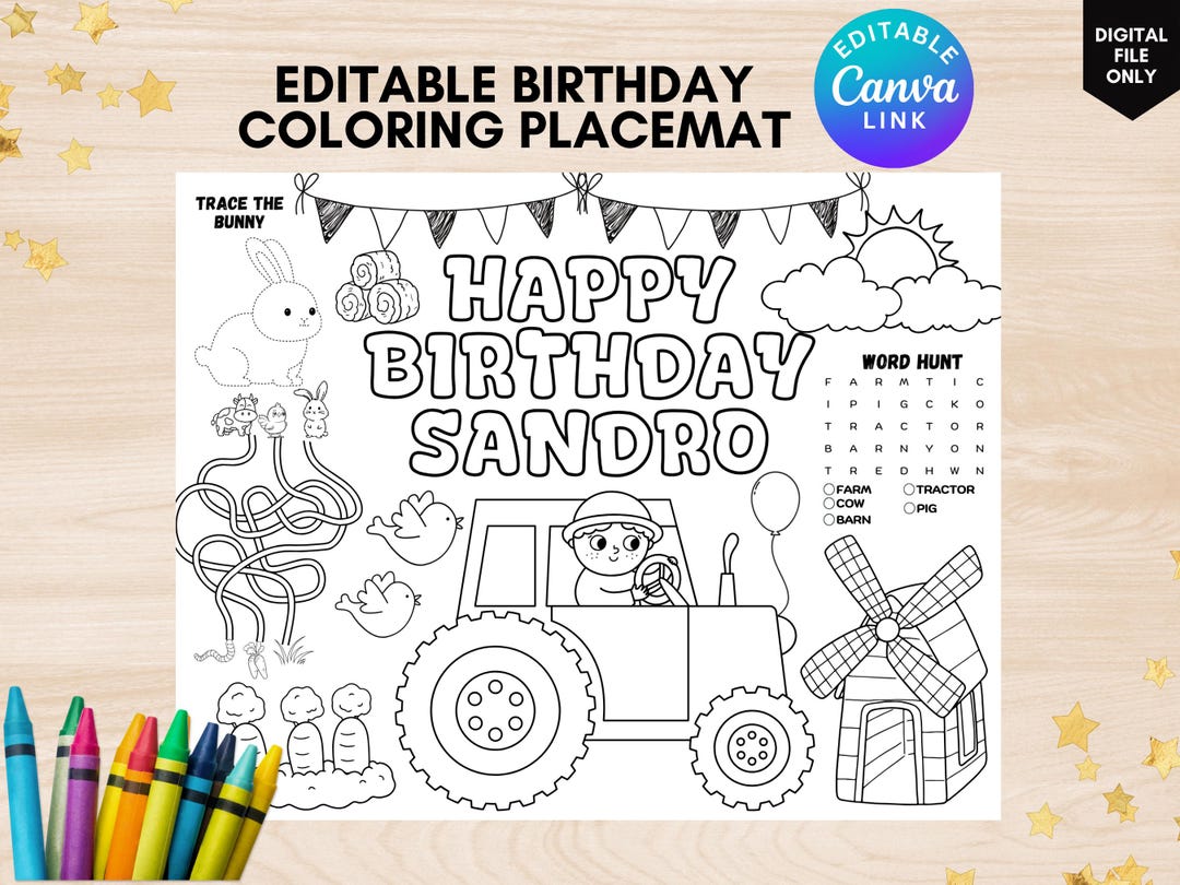 Farm Birthday Coloring Activity Page Editable Farm Coloring Placemat ...
