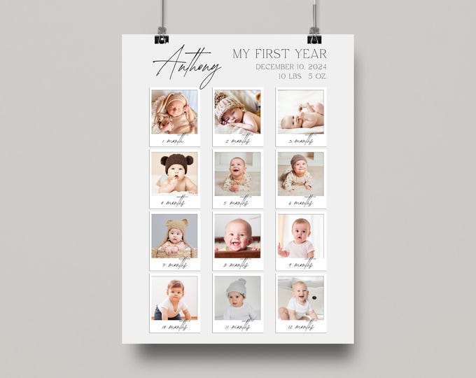 First Year Photo Collage, Monthly Photo Print, Modern 1st Birthday ...