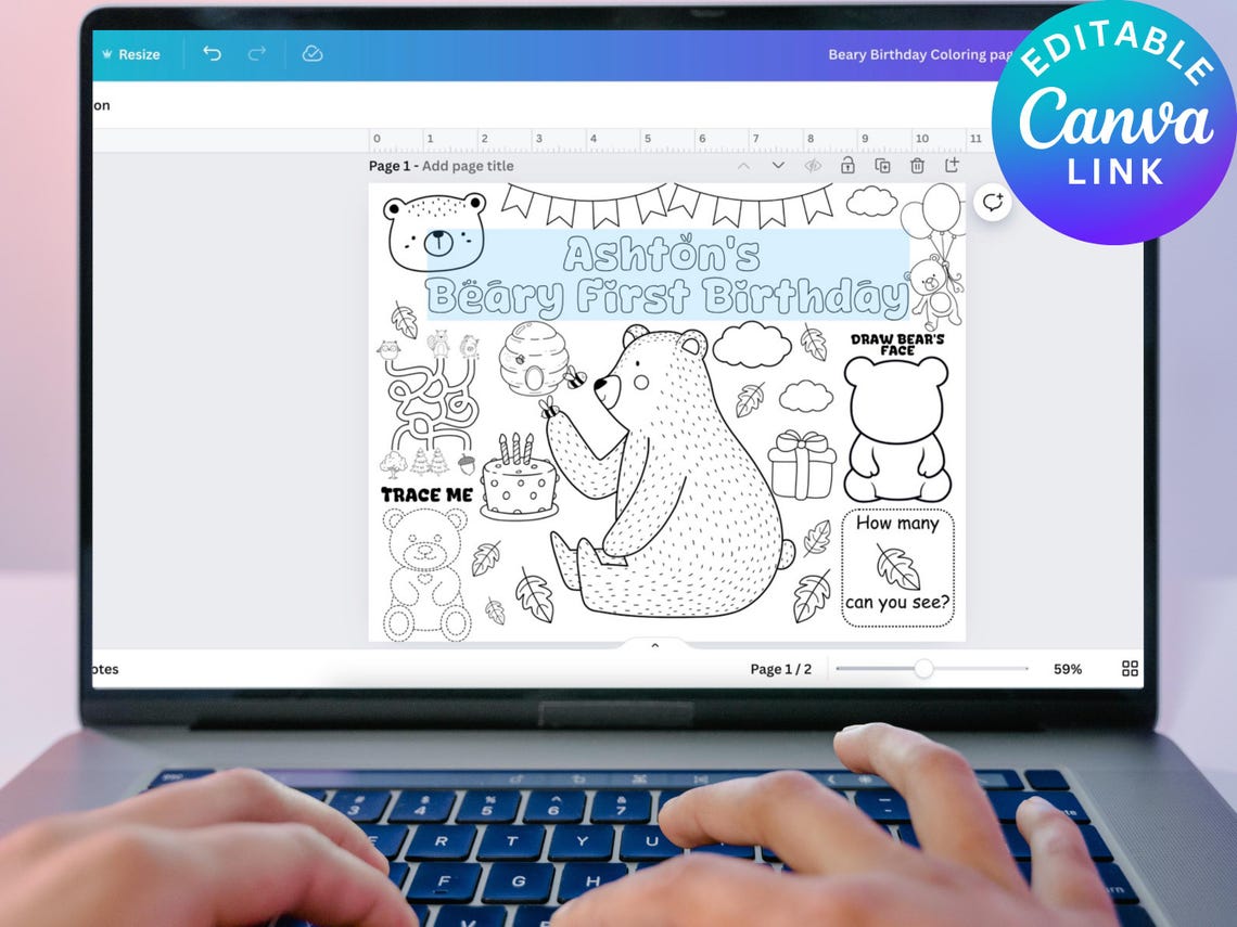 Editable Bear Birthday Coloring Page Printable Beary First Party ...
