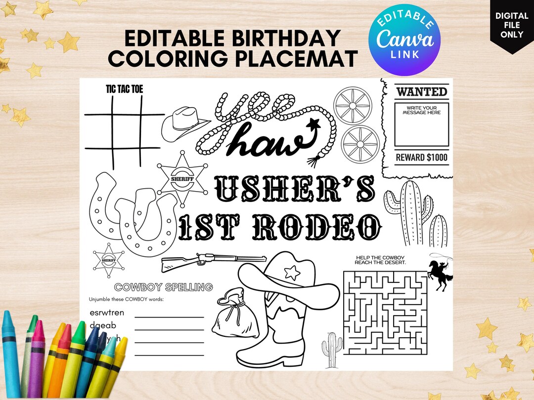 Custom Rodeo Birthday Coloring Page Personalized Editable Cowboy ...