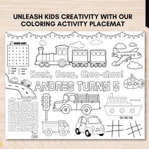 Editable Vehicle Party Coloring Placemat Printable Transportation Party ...
