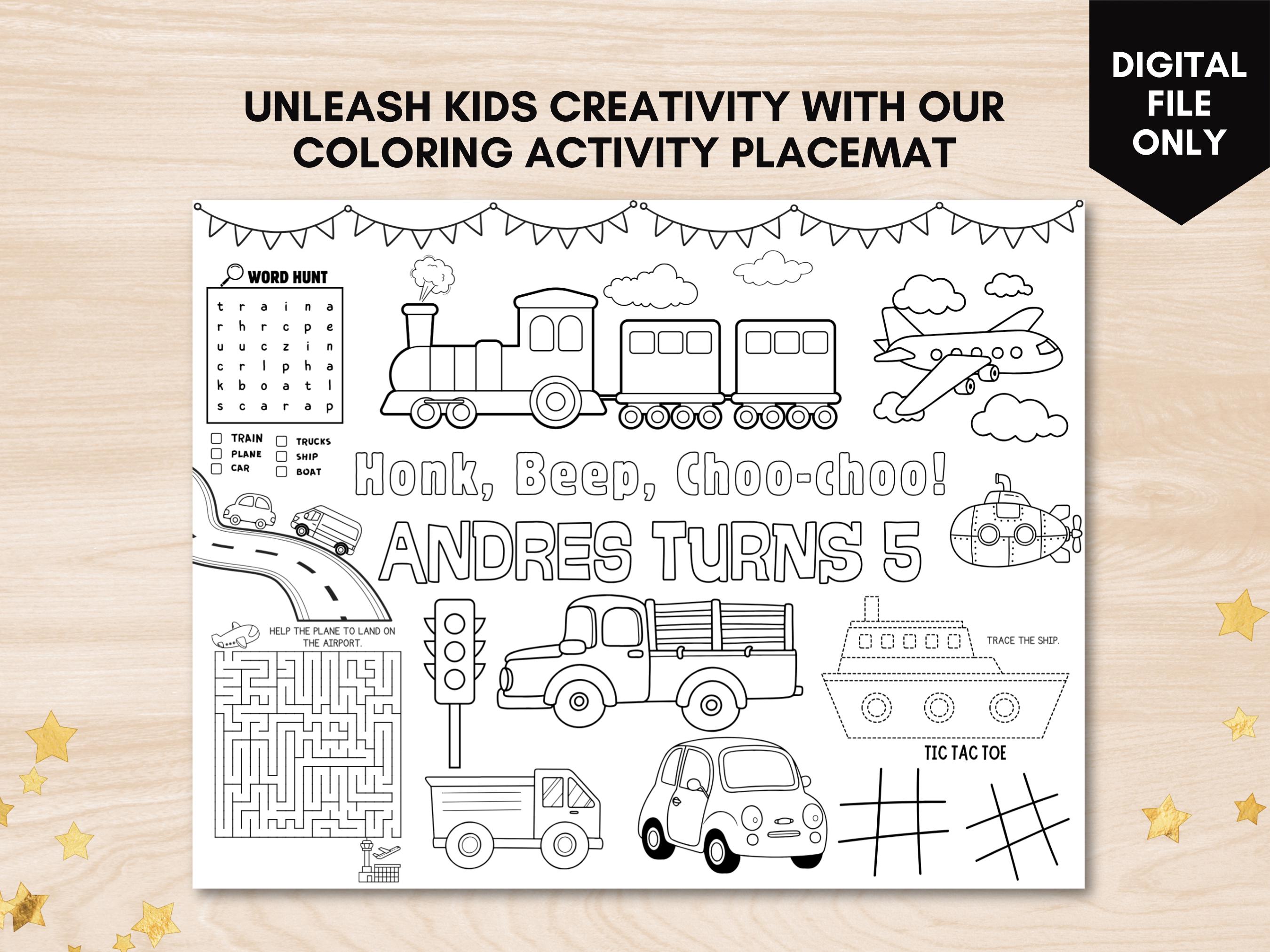 Editable Vehicle Party Coloring Placemat Printable Transportation Party ...