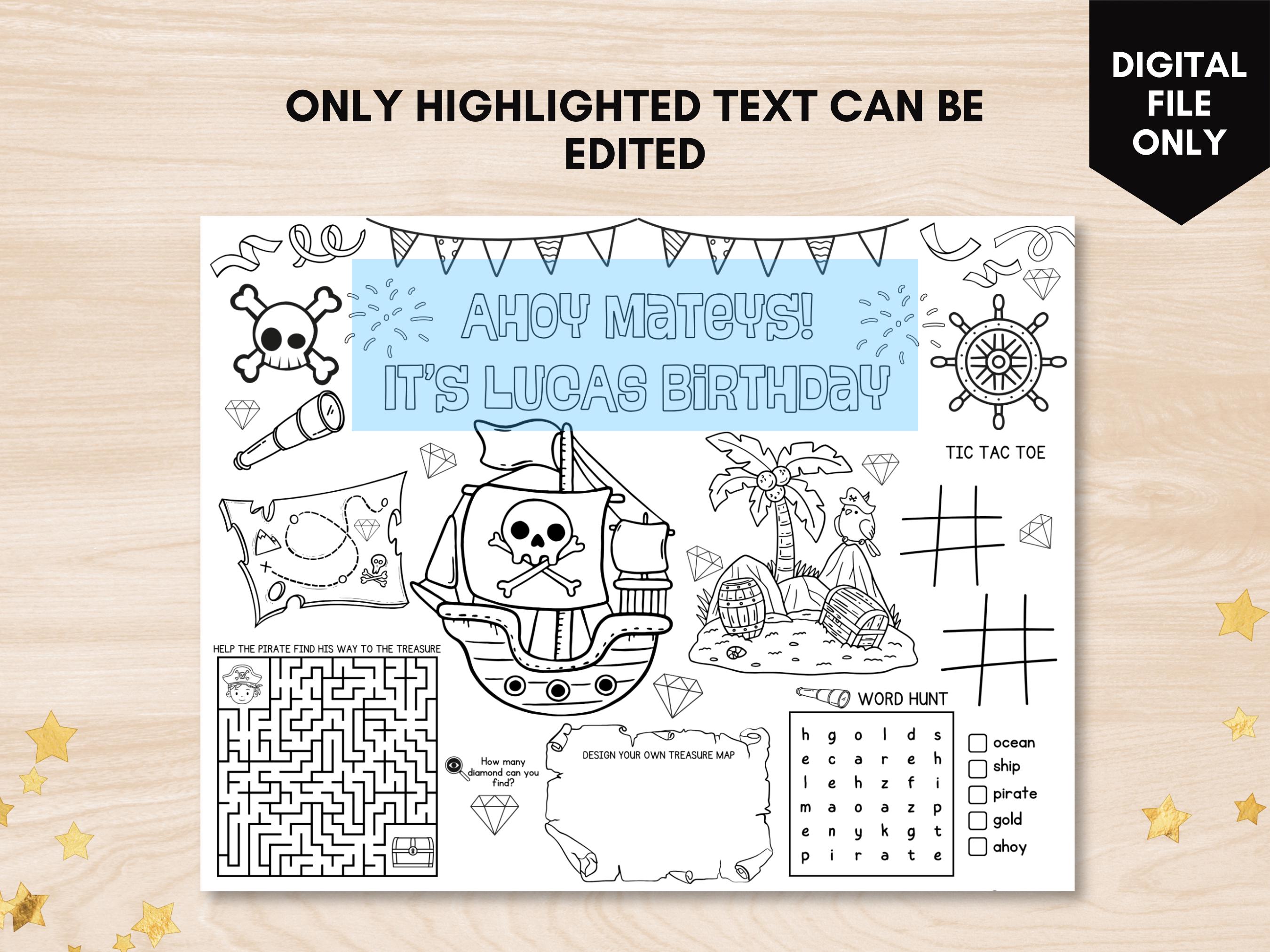 Editable Pirate Birthday Coloring Placemat Printable Pirate Party ...