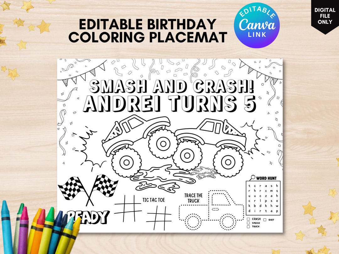 Editable Monster Truck Birthday Coloring Placemat Custom Monster Truck ...