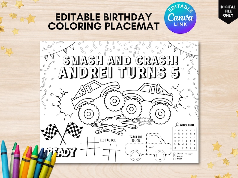 Editable Monster Truck Birthday Coloring Placemat Custom Monster Truck ...