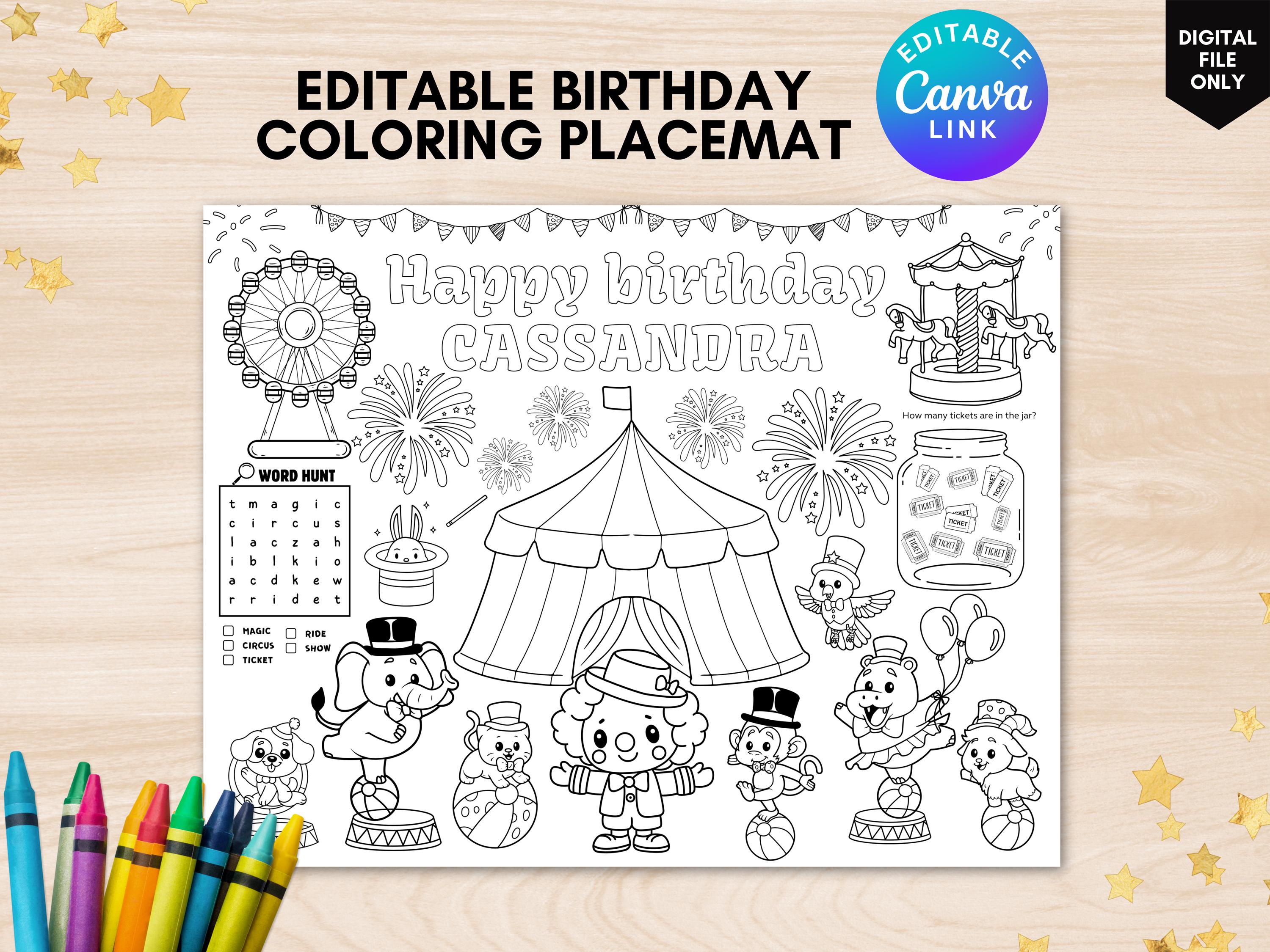 Carnival Birthday Coloring Placemat: Editable Circus Activity (digital ...
