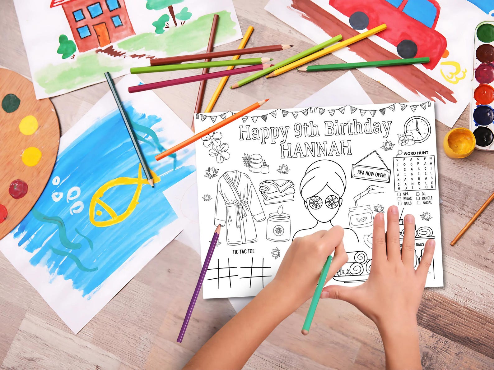 Editable Spa Party Colorable Placemat Spa Birthday Coloring Page ...