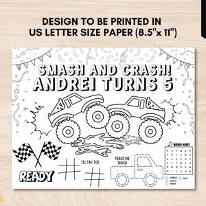 Editable Monster Truck Birthday Coloring Placemat Custom Monster Truck ...