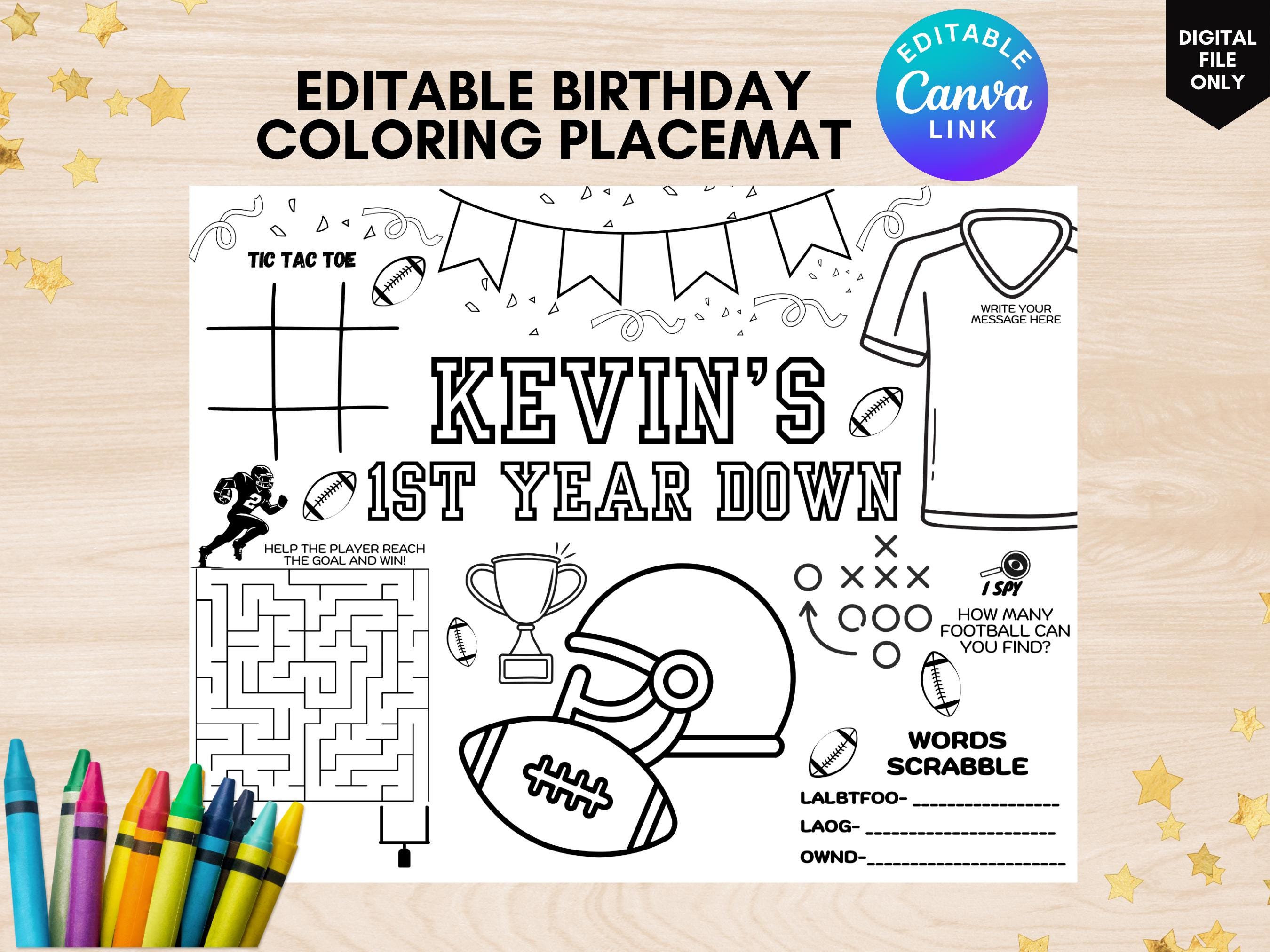 Custom First Year Down Birthday Coloring Page Printable Football ...
