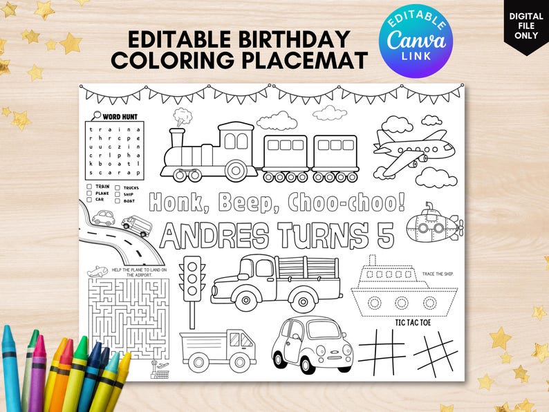 Editable Vehicle Party Coloring Placemat Printable Transportation Party ...