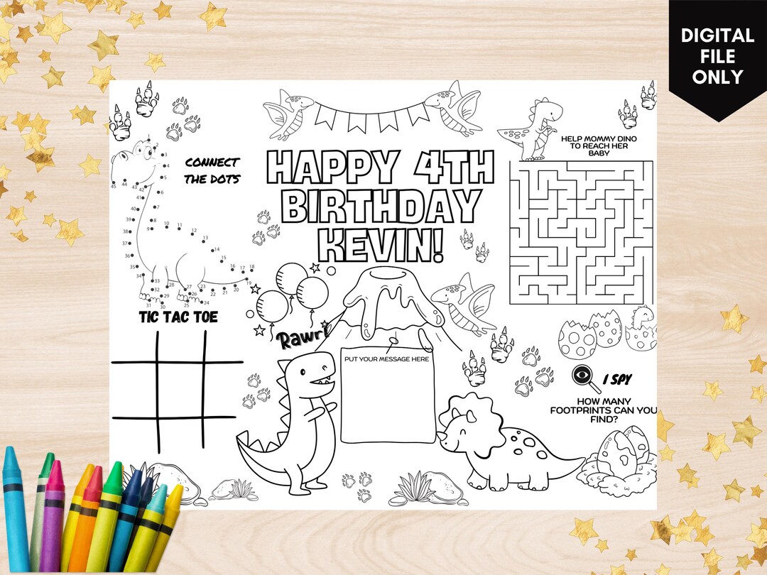 Custom Dinosaur Birthday Coloring Placemat Dinosaur Coloring Page ...