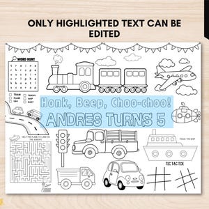 Editable Vehicle Party Coloring Placemat Printable Transportation Party ...