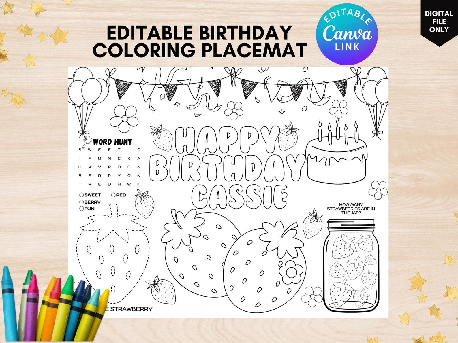 Strawberry Birthday Coloring Activity Page Editable Berry First ...