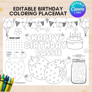 Strawberry Birthday Coloring Activity Page Editable Berry First ...