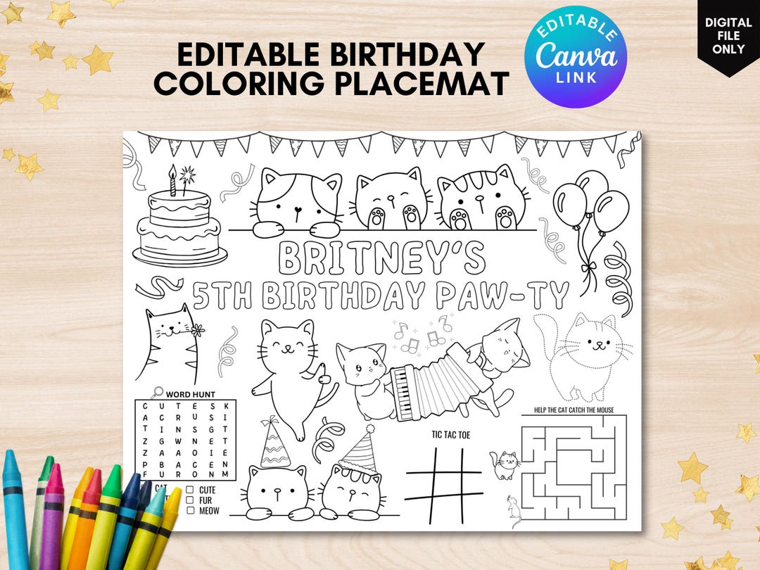 Editable Cat Birthday Colorable Placemat Printable Kitten Coloring Page ...