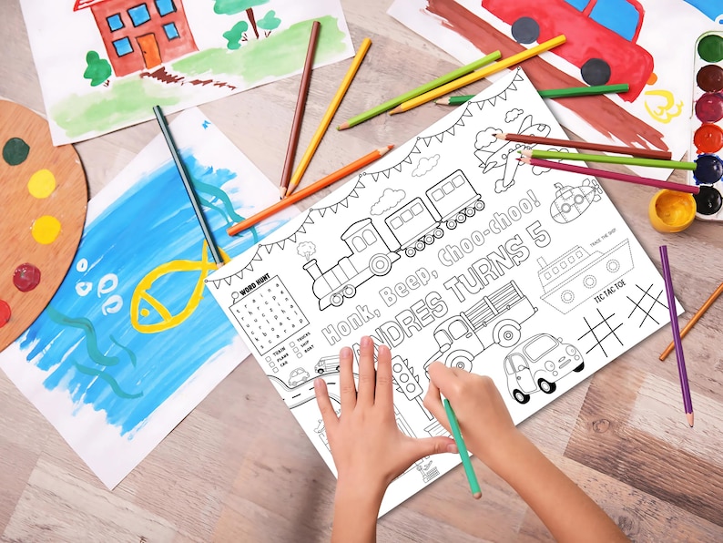 Editable Vehicle Party Coloring Placemat Printable Transportation Party ...