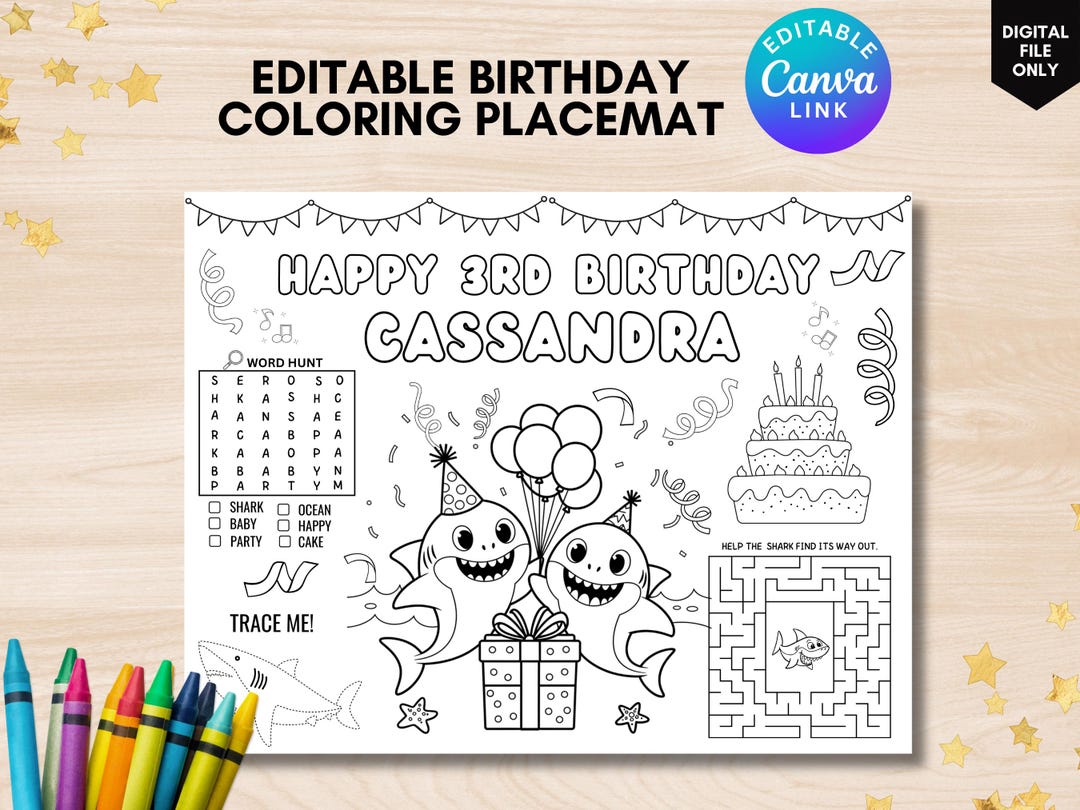 Shark Birthday Coloring Activity Page Editable Shark Coloring Activity ...