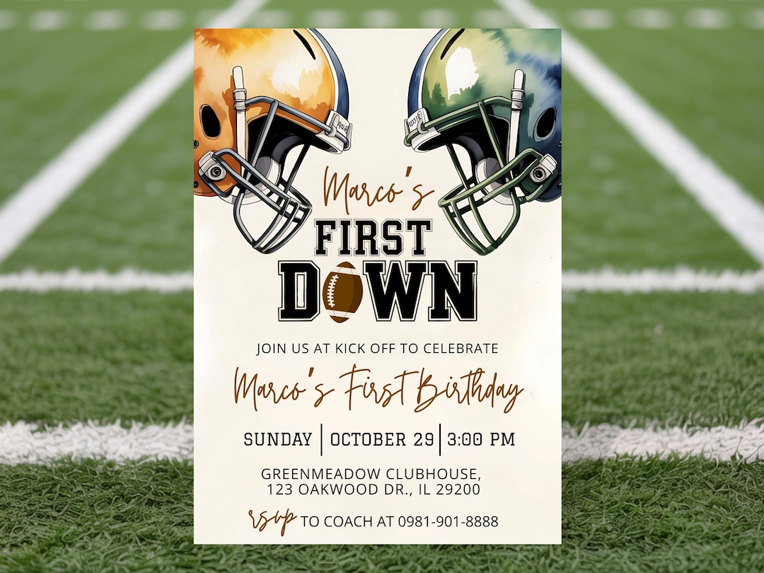 First Year Down Birthday Invitation 1st Football Birthday Invite Boy ...