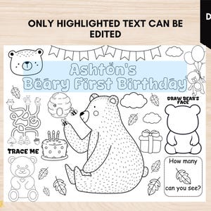 Editable Bear Birthday Coloring Page Printable Beary First Party ...