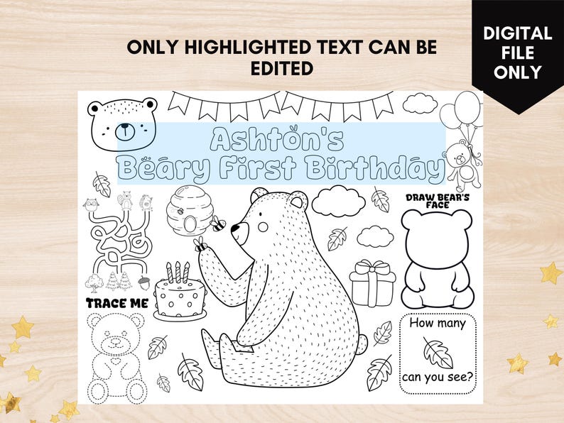 Editable Bear Birthday Coloring Page Printable Beary First Party ...