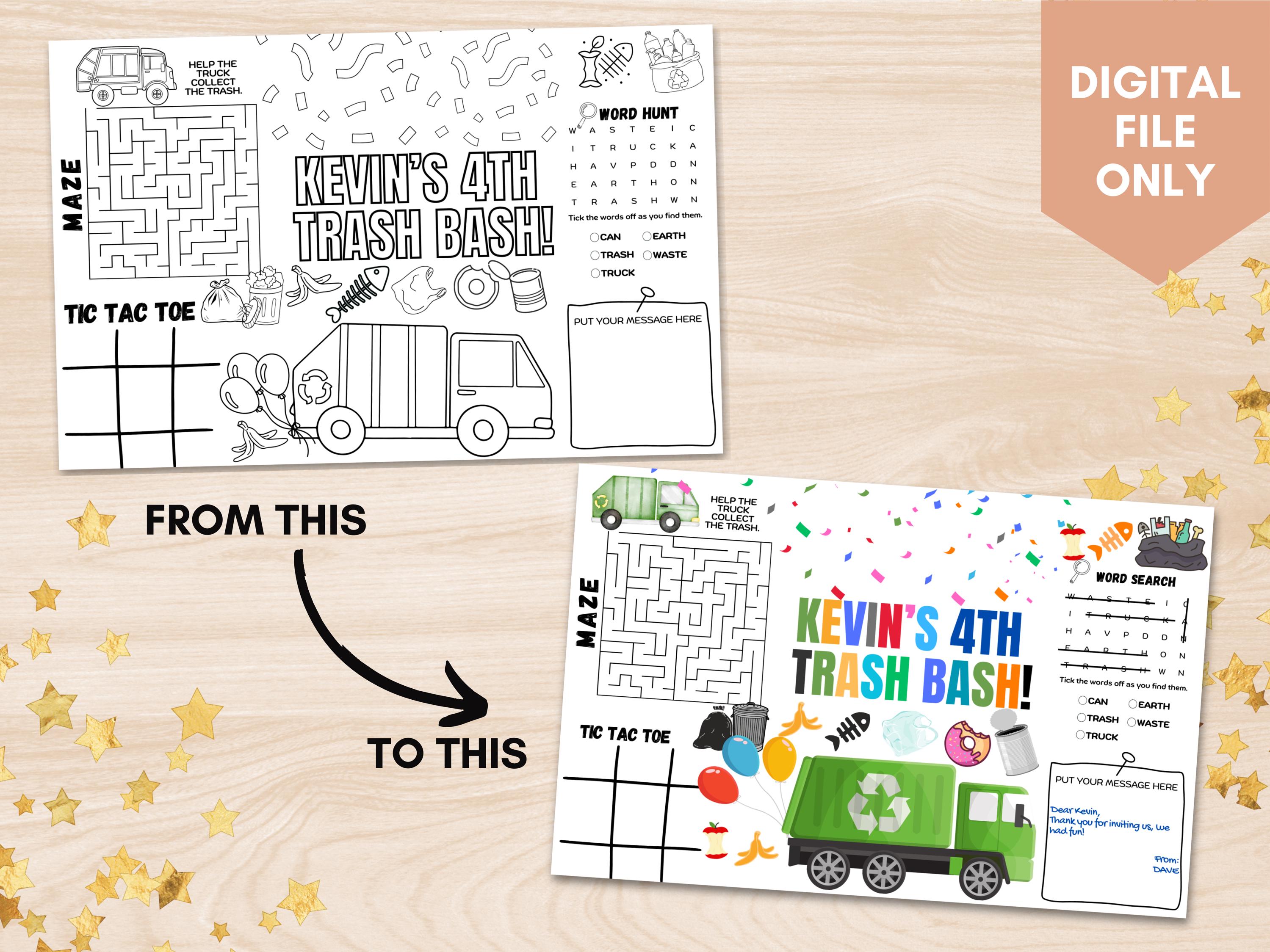 Custom Trash Truck Birthday Coloring Activity Editable Birthday ...