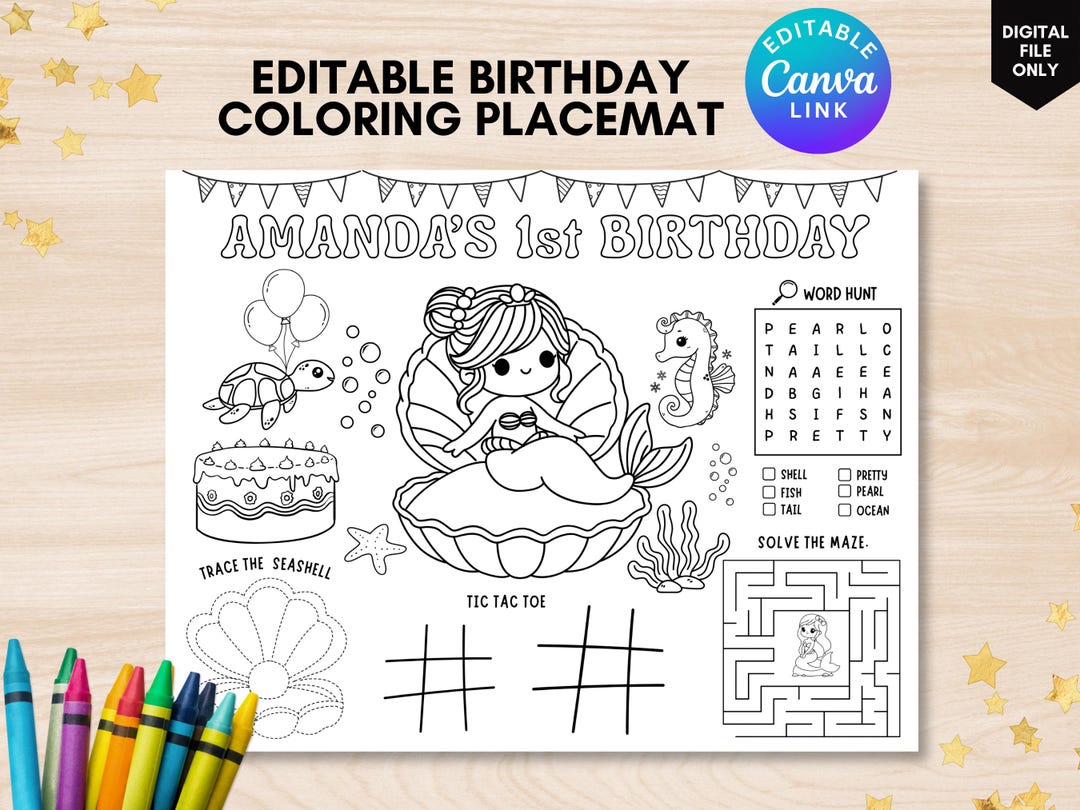 Editable Mermaid Birthday Coloring Placemat Under the Sea Party Favor ...